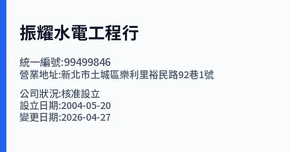振耀水電工程行的照片-統編 99499846(新北市) 公司登記資料與營業項目詳細圖表