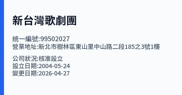 新台灣歌劇團的照片-統編 99502027(新北市) 公司登記資料與營業項目詳細圖表