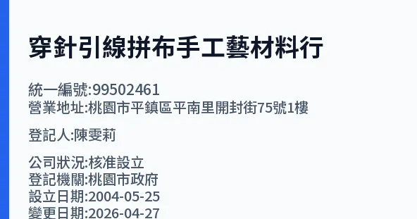 穿針引線拼布手工藝材料行的照片-統編 99502461(桃園市) 公司登記資料與營業項目詳細圖表