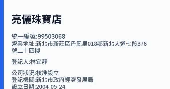 亮儷珠寶店的照片-統編 99503068(新北市) 公司登記資料與營業項目詳細圖表