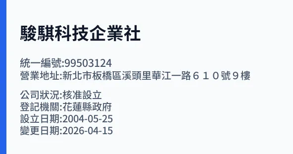 駿騏科技企業社的照片-統編 99503124(新北市) 公司登記資料與營業項目詳細圖表