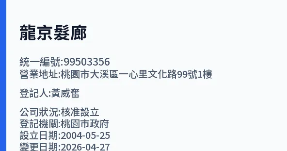 龍京髮廊的照片-統編 99503356(桃園市) 公司登記資料與營業項目詳細圖表