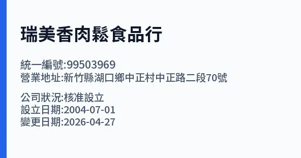 瑞美香肉鬆食品行的照片-統編 99503969(新竹縣) 公司登記資料與營業項目詳細圖表