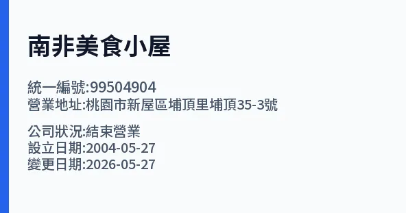 南非美食小屋的照片-統編 99504904(桃園市) 公司登記資料與營業項目詳細圖表