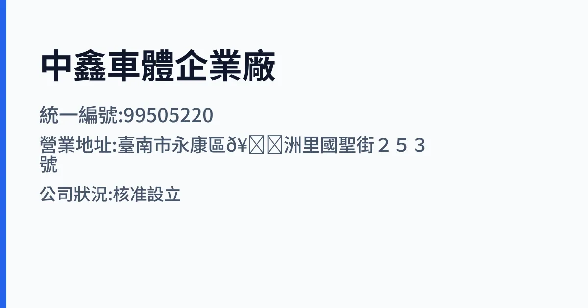 中鑫車體企業廠 - 統編 99505220(臺南市) 公司登記資料與營業項目詳細圖表