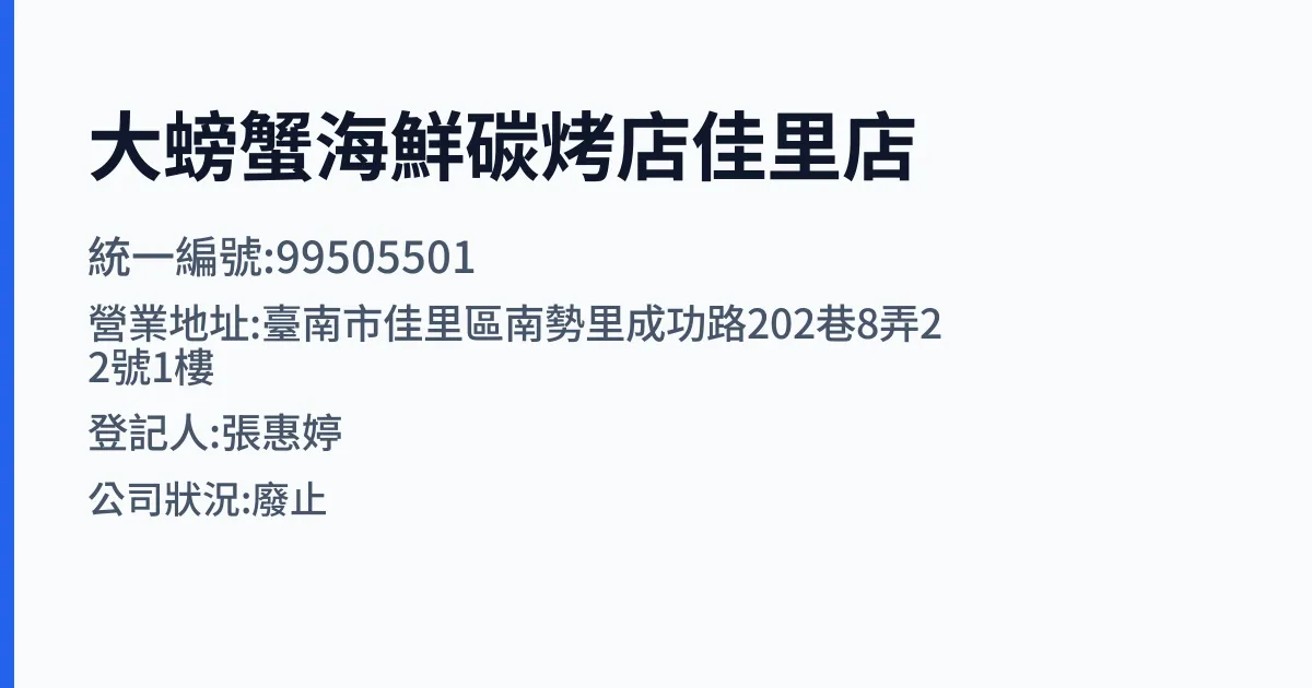 大螃蟹海鮮碳烤店佳里店 - 統編 99505501(臺南市) 公司登記資料與營業項目詳細圖表