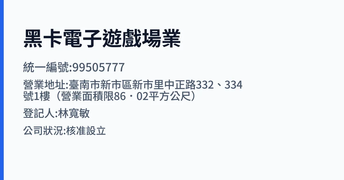 黑卡電子遊戲場業 - 統編 99505777(臺南市) 公司登記資料與營業項目詳細圖表