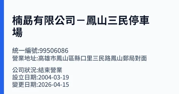 楠勗有限公司－鳳山三民停車場的照片-統編 99506086(高雄市) 公司登記資料與營業項目詳細圖表