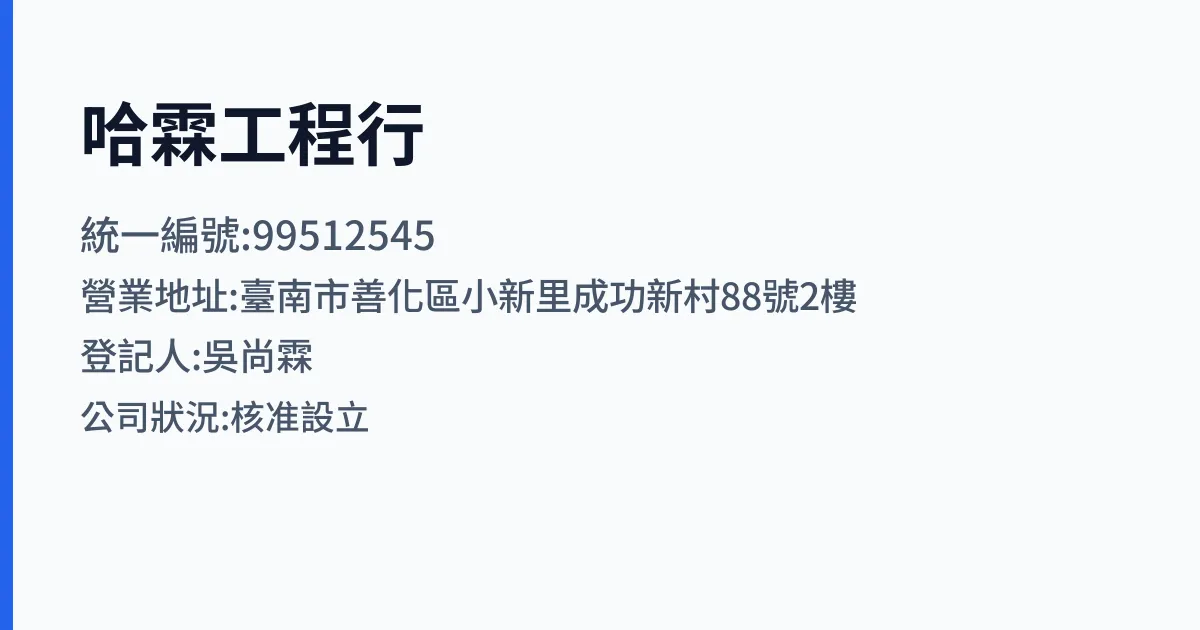 哈霖工程行 - 統編 99512545(臺南市) 公司登記資料與營業項目詳細圖表
