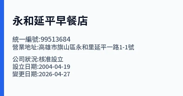 永和延平早餐店的照片-統編 99513684(高雄市) 公司登記資料與營業項目詳細圖表
