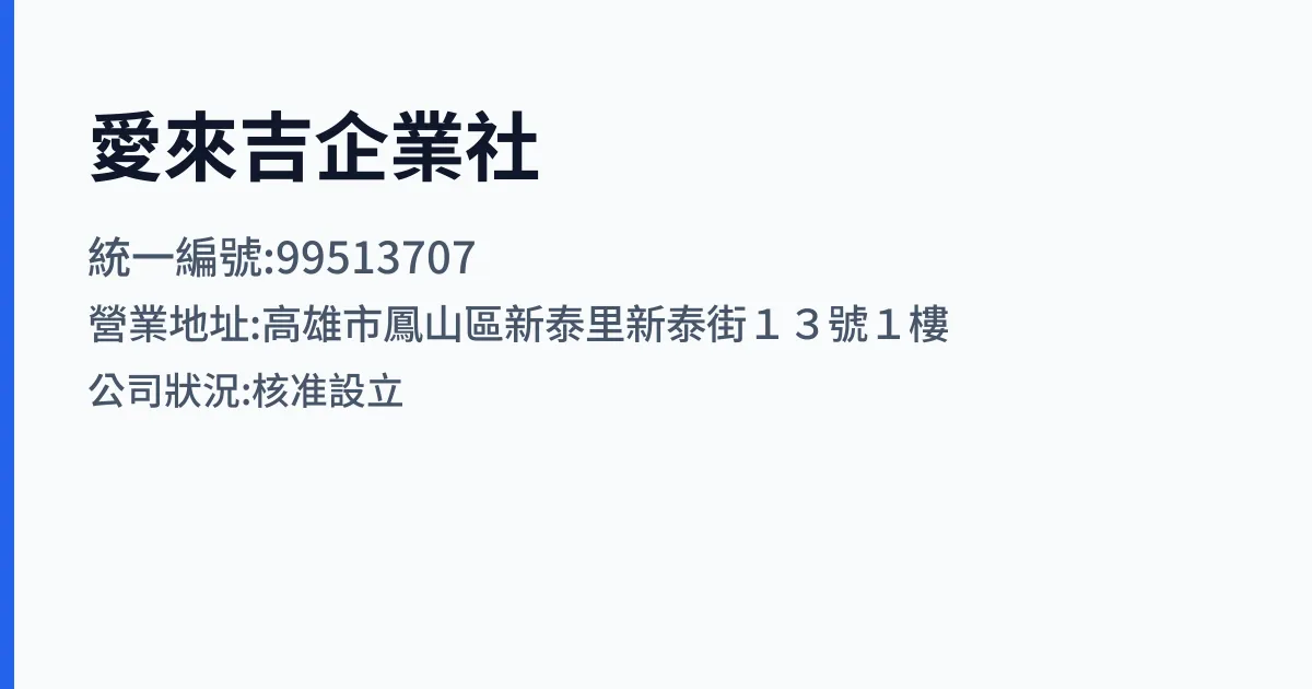 愛來吉企業社 - 統編 99513707(高雄市) 公司登記資料與營業項目詳細圖表