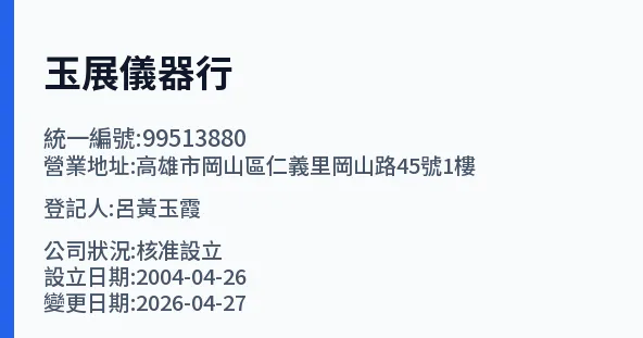 玉展儀器行的照片-統編 99513880(高雄市) 公司登記資料與營業項目詳細圖表