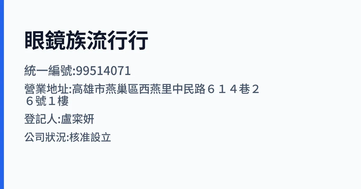 眼鏡族流行行 - 統編 99514071(高雄市) 公司登記資料與營業項目詳細圖表