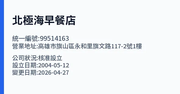 北極海早餐店的照片-統編 99514163(高雄市) 公司登記資料與營業項目詳細圖表