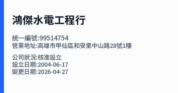 鴻傑水電工程行的照片-統編 99514754(高雄市) 公司登記資料與營業項目詳細圖表