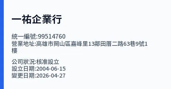 一祐企業行的照片-統編 99514760(高雄市) 公司登記資料與營業項目詳細圖表