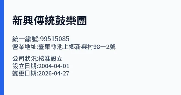 新興傳統鼓樂團的照片-統編 99515085(臺東縣) 公司登記資料與營業項目詳細圖表