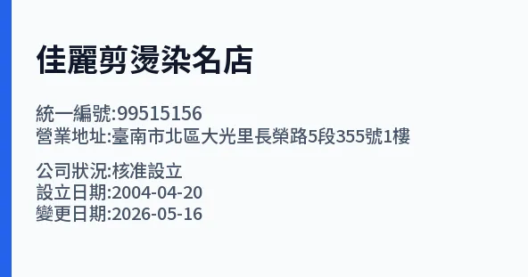 佳麗剪燙染名店的照片-統編 99515156(臺南市) 公司登記資料與營業項目詳細圖表