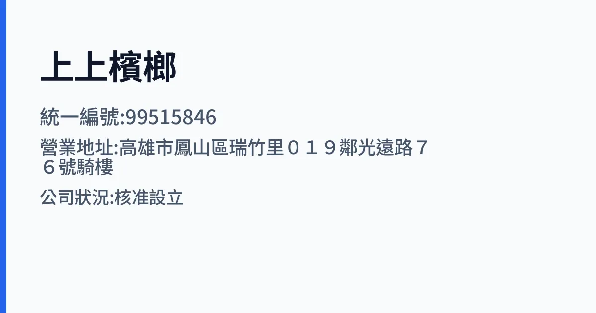 上上檳榔 - 統編 99515846(高雄市) 公司登記資料與營業項目詳細圖表