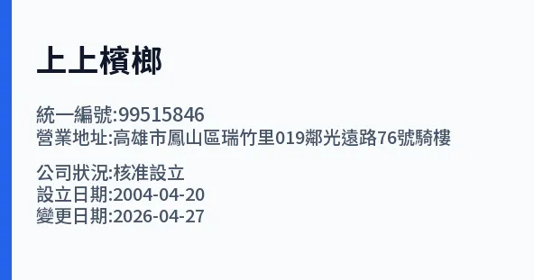 上上檳榔的照片-統編 99515846(高雄市) 公司登記資料與營業項目詳細圖表