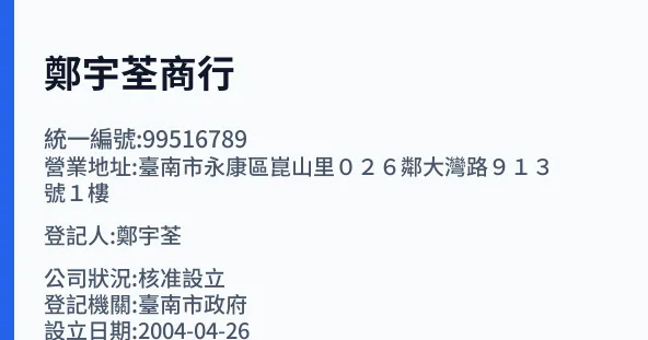 鄭宇荃商行的照片-統編 99516789(臺南市) 公司登記資料與營業項目詳細圖表
