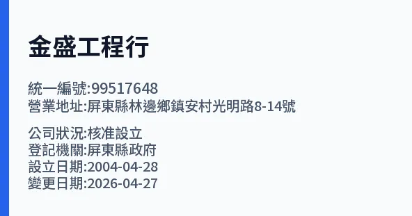 金盛工程行的照片-統編 99517648(屏東縣) 公司登記資料與營業項目詳細圖表