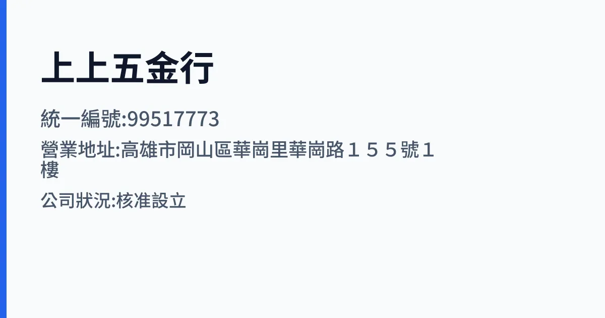 上上五金行 - 統編 99517773(高雄市) 公司登記資料與營業項目詳細圖表