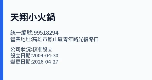 天翔小火鍋的照片-統編 99518294(高雄市) 公司登記資料與營業項目詳細圖表