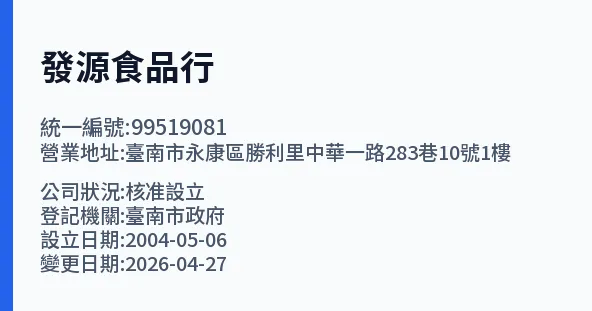 發源食品行的照片-統編 99519081(臺南市) 公司登記資料與營業項目詳細圖表