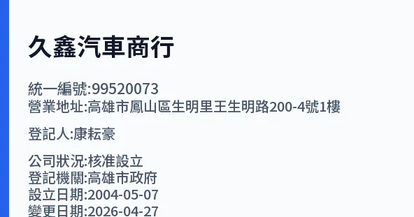 久鑫汽車商行的照片-統編 99520073(高雄市) 公司登記資料與營業項目詳細圖表