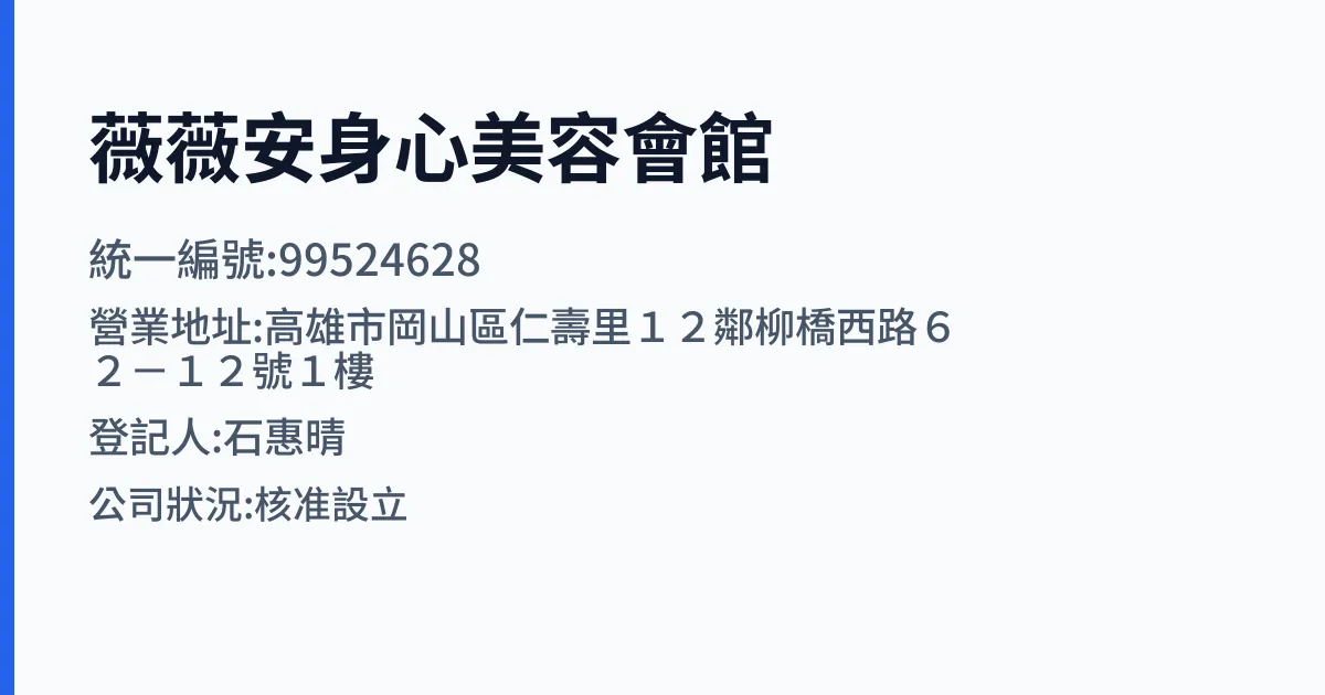 薇薇安身心美容會館 - 統編 99524628(高雄市) 公司登記資料與營業項目詳細圖表