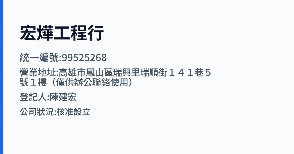 宏燁工程行 - 統編 99525268(高雄市) 公司登記資料與營業項目詳細圖表