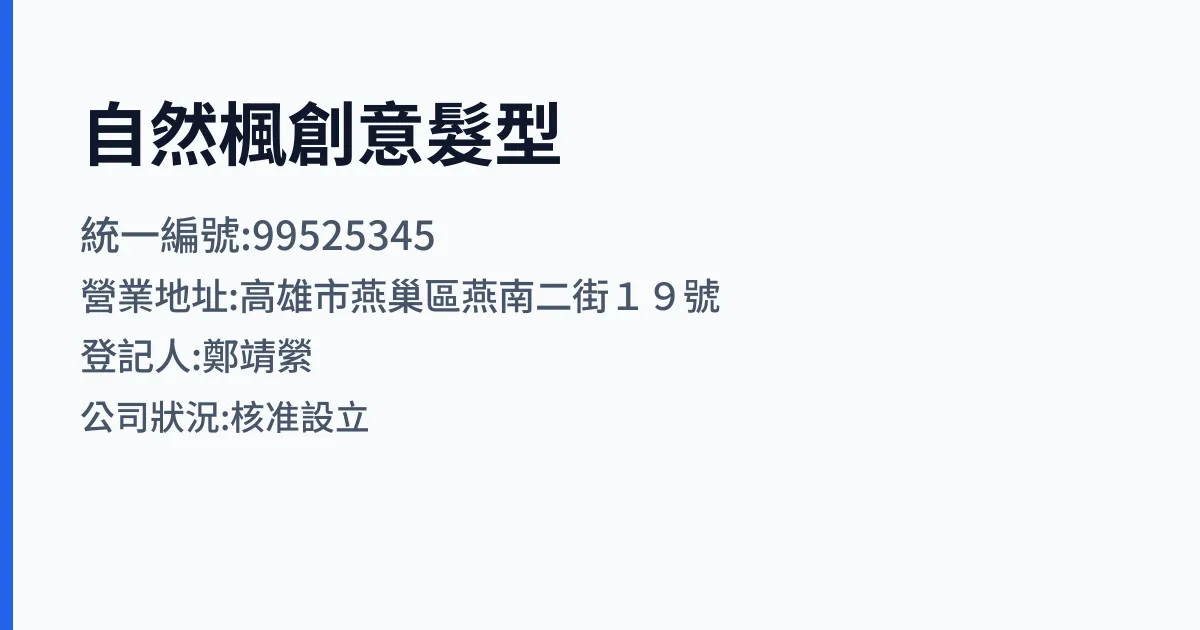 自然楓創意髮型 - 統編 99525345(高雄市) 公司登記資料與營業項目詳細圖表