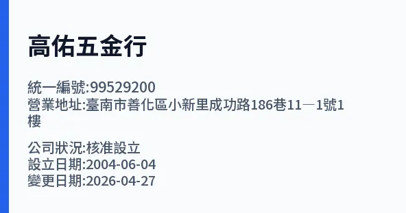 高佑五金行的照片-統編 99529200(臺南市) 公司登記資料與營業項目詳細圖表