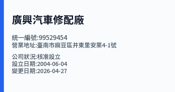 廣興汽車修配廠的照片-統編 99529454(臺南市) 公司登記資料與營業項目詳細圖表