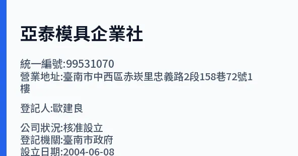 亞泰模具企業社的照片-統編 99531070(臺南市) 公司登記資料與營業項目詳細圖表
