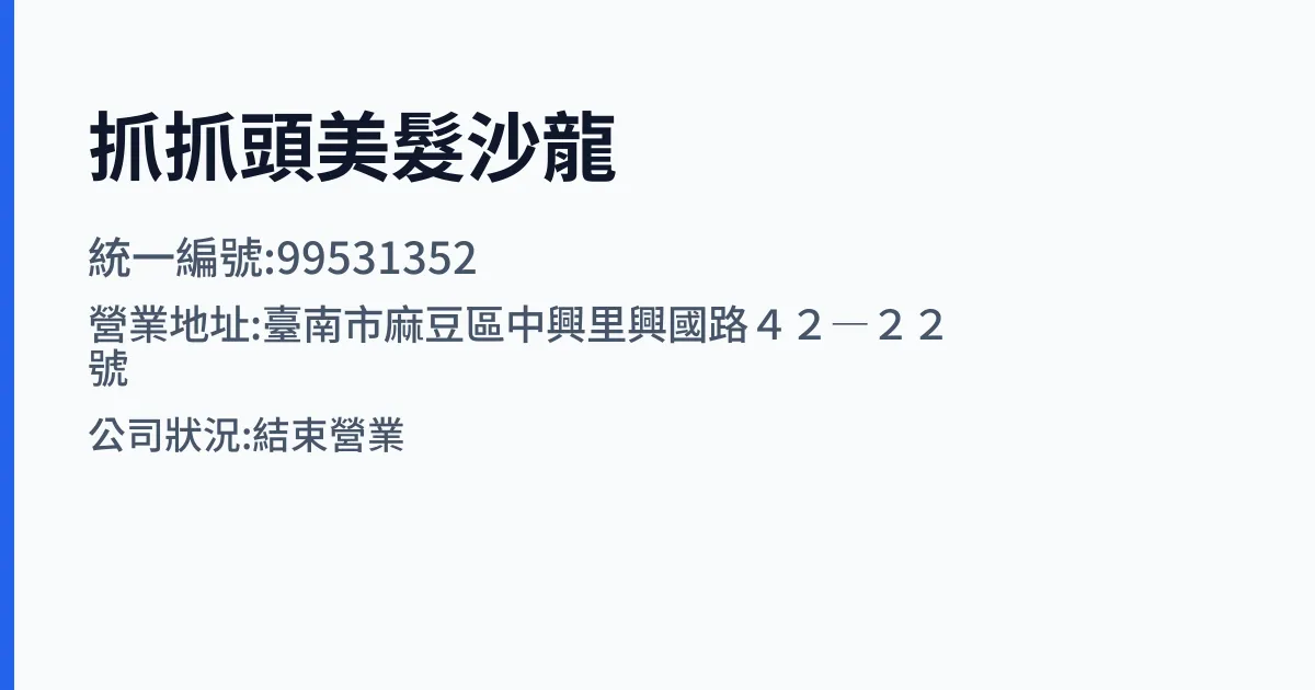 抓抓頭美髮沙龍 - 統編 99531352(臺南市) 公司登記資料與營業項目詳細圖表
