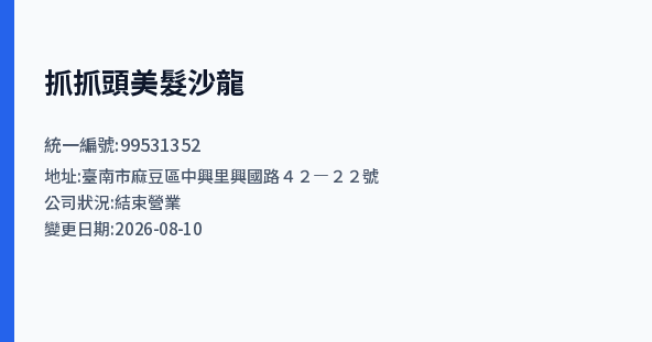 抓抓頭美髮沙龍的照片-統編 99531352(臺南市) 公司登記資料與營業項目詳細圖表