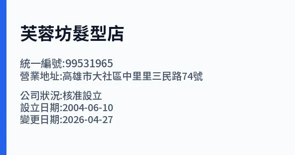 芙蓉坊髮型店的照片-統編 99531965(高雄市) 公司登記資料與營業項目詳細圖表