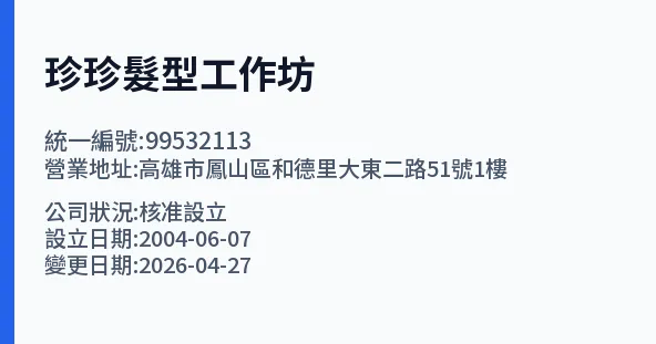 珍珍髮型工作坊的照片-統編 99532113(高雄市) 公司登記資料與營業項目詳細圖表