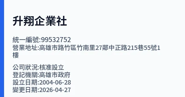 升翔企業社的照片-統編 99532752(高雄市) 公司登記資料與營業項目詳細圖表