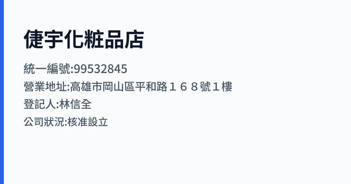 倢宇化粧品店 - 統編 99532845(高雄市) 公司登記資料與營業項目詳細圖表