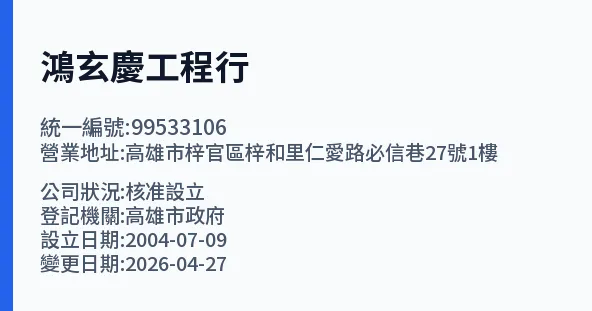 鴻玄慶工程行的照片-統編 99533106(高雄市) 公司登記資料與營業項目詳細圖表