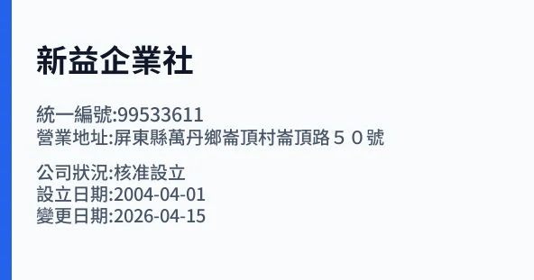 新益企業社的照片-統編 99533611(屏東縣) 公司登記資料與營業項目詳細圖表