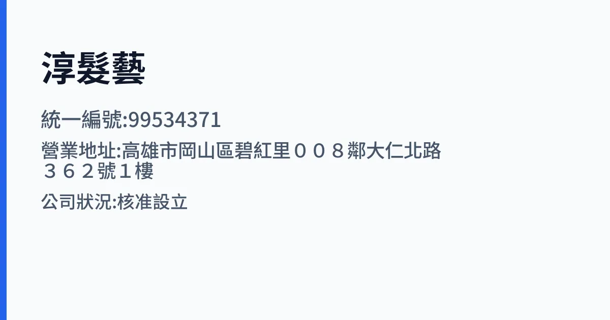 淳髮藝 - 統編 99534371(高雄市) 公司登記資料與營業項目詳細圖表