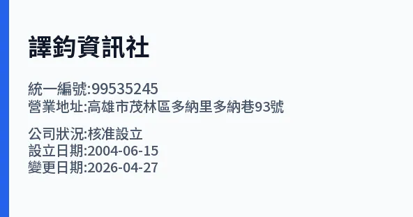 譯鈞資訊社的照片-統編 99535245(高雄市) 公司登記資料與營業項目詳細圖表
