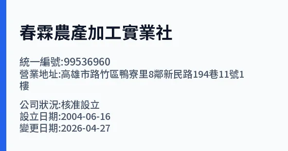春霖農產加工實業社的照片-統編 99536960(高雄市) 公司登記資料與營業項目詳細圖表