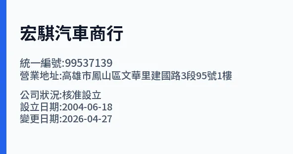 宏騏汽車商行的照片-統編 99537139(高雄市) 公司登記資料與營業項目詳細圖表