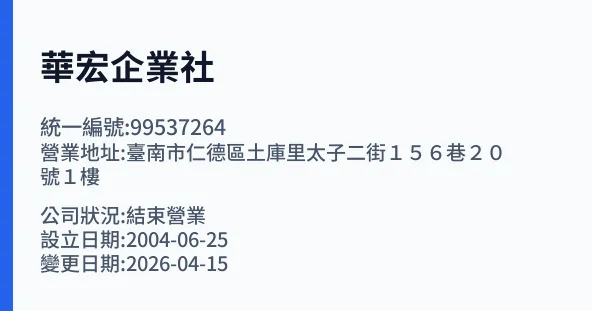 華宏企業社的照片-統編 99537264(臺南市) 公司登記資料與營業項目詳細圖表