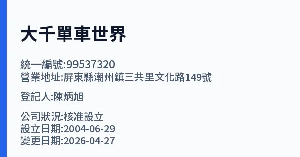 大千單車世界的照片-統編 99537320(屏東縣) 公司登記資料與營業項目詳細圖表
